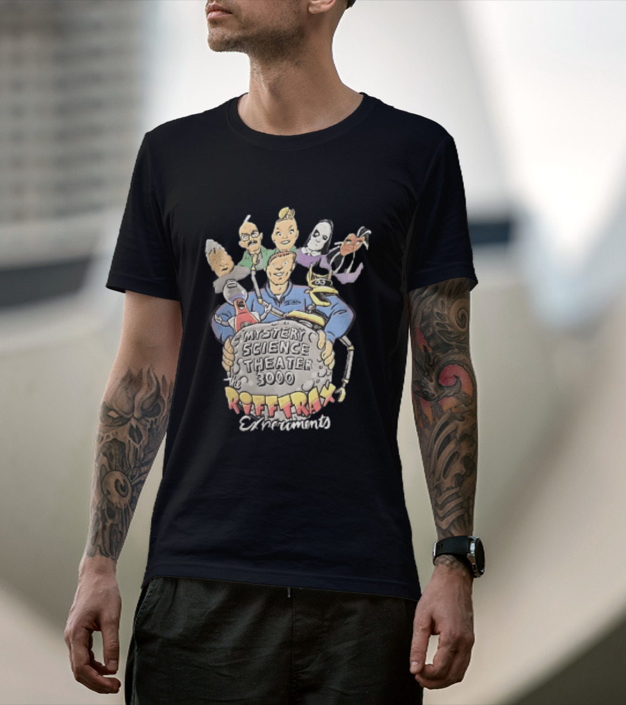 Mystery Science Theater 3000 Rifftrax Experiments Nelson Cartoon Caricature Host Robots Moon Rock T-Shirt