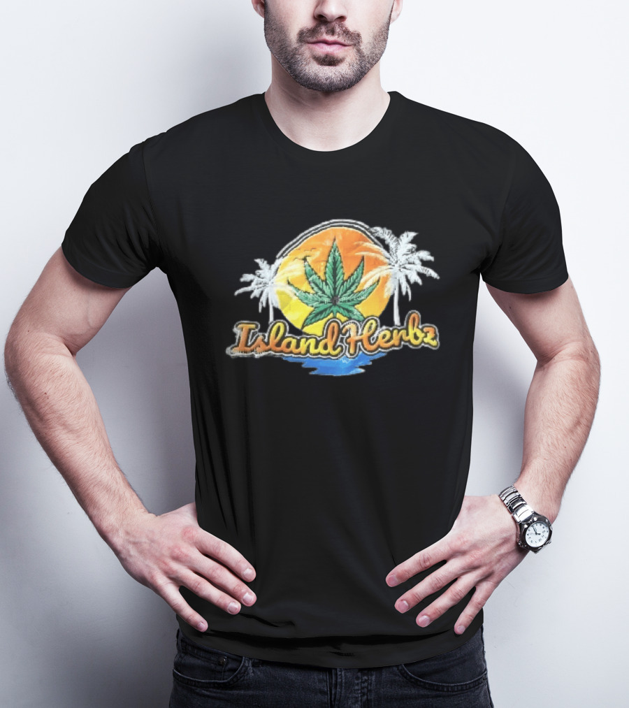 Island Herbz Cannabis Leaf Orange Sunset White Palm Trees T-Shirt