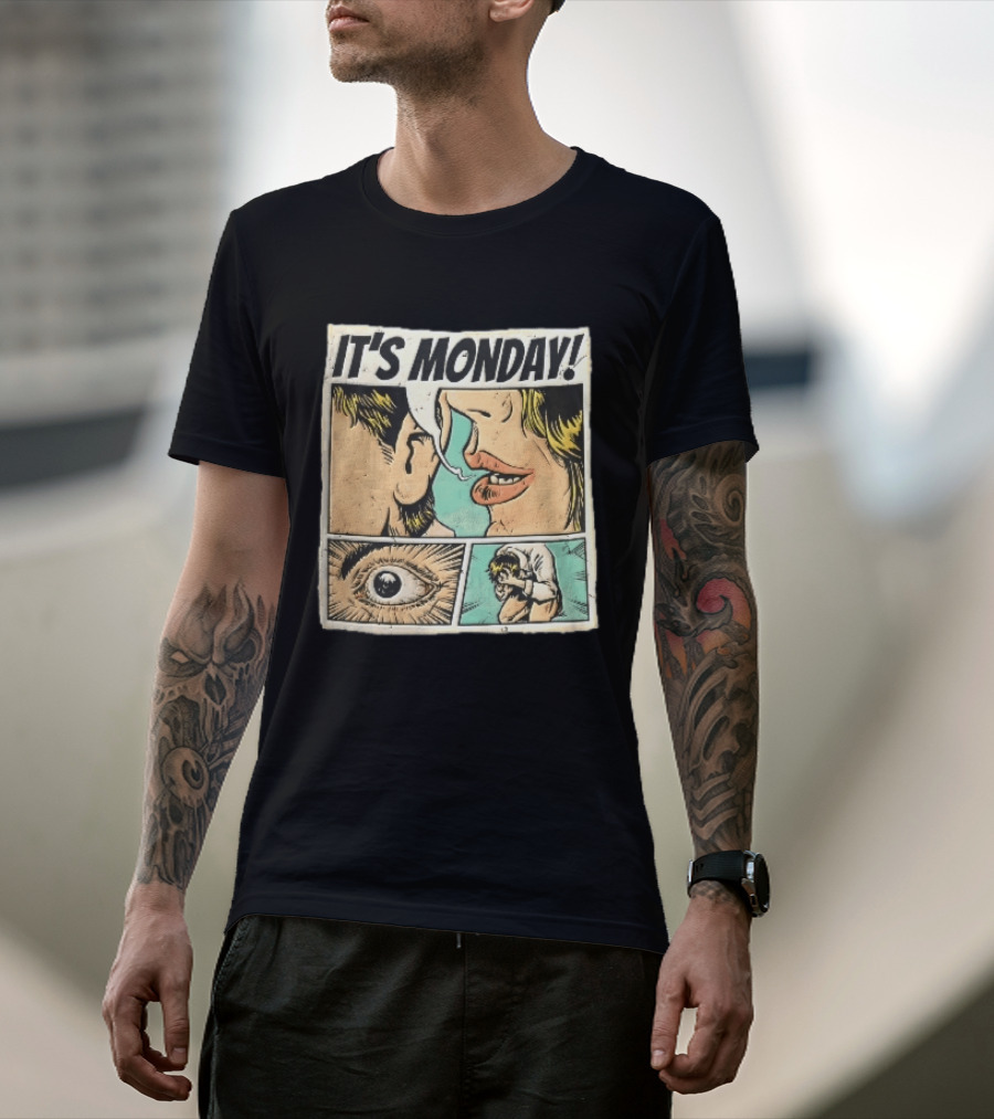 Its Monday Comic Strip Pop Art Woman Whispering Man Crying Vintage Halftone T-Shirt