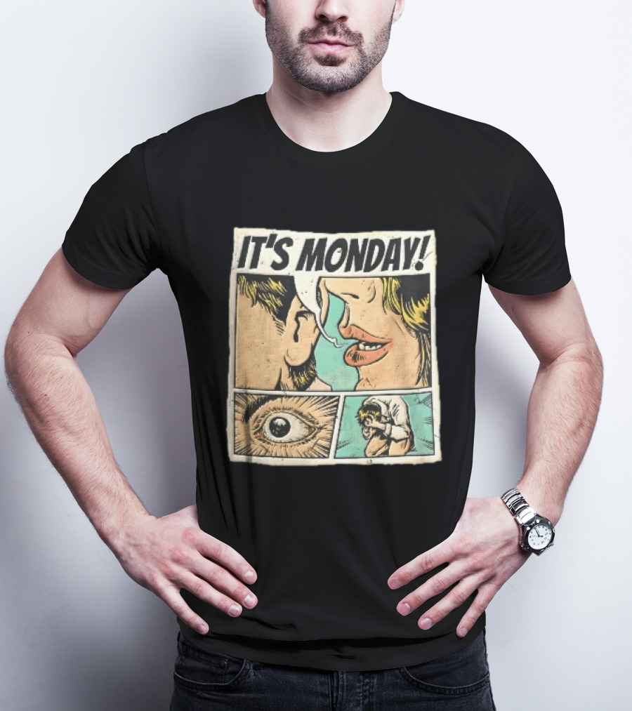 Its Monday Comic Strip Pop Art Woman Whispering Man Crying Vintage Halftone T-Shirt