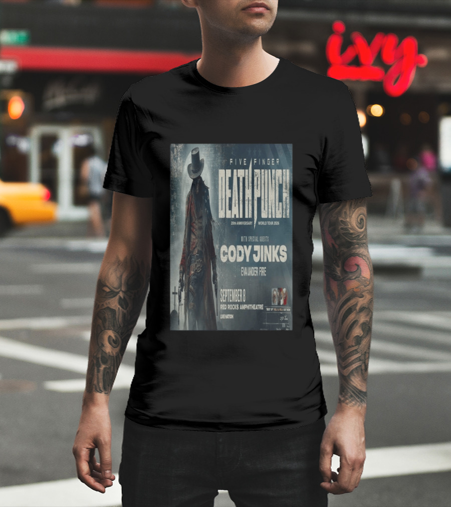 Five Finger Death Punch 20th Anniversary World Tour 2026 Red Rocks Amphitheatre September 8 Cody Jinks Eva Under Fire T-Shirt