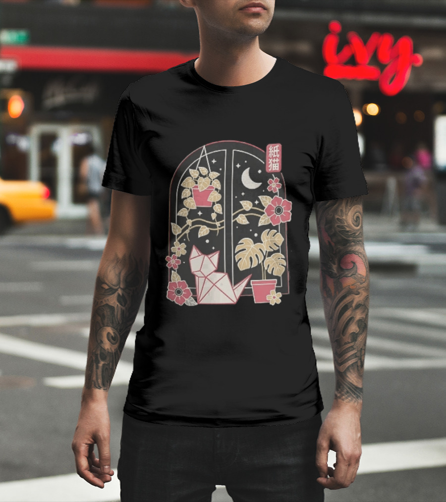 Kami Neko Origami Cat Crescent Moon Japanese Garden Scene T-Shirt