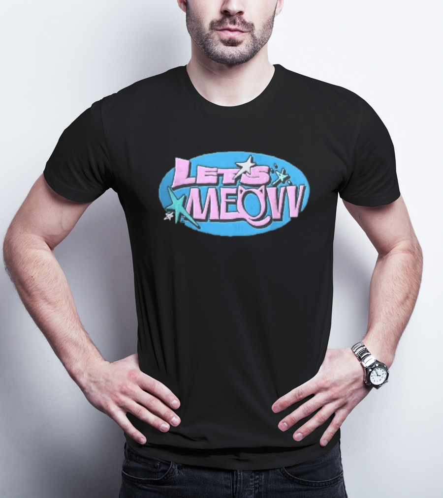 Lets Meovv Cat Ears Pink Distressed Glitter Stars Blue Oval T-Shirt