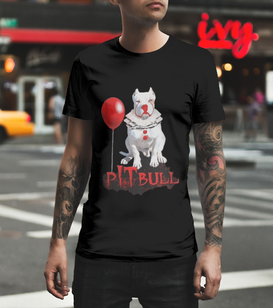 Pitbull Dog Pennywise Clown Red Balloon Distressed White T-Shirt