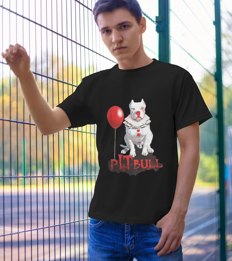 Pitbull Dog Pennywise Clown Red Balloon Distressed White T-Shirt