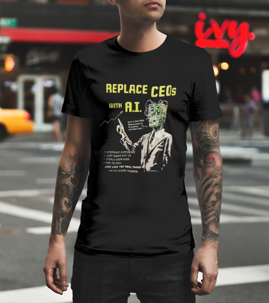 Replace CEOs With AI Man In Suit Circuit Board Head Pointing Finger T-Shirt
