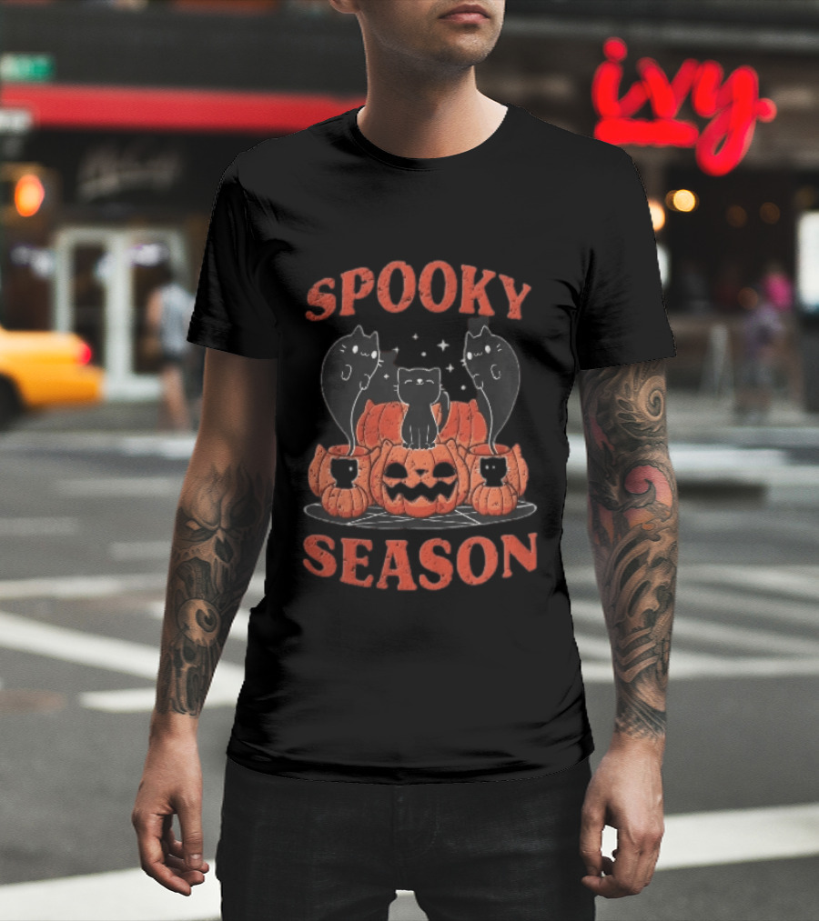 Spooky Season Black Cats Jack O Lantern Pentagram Cartoon T-Shirt