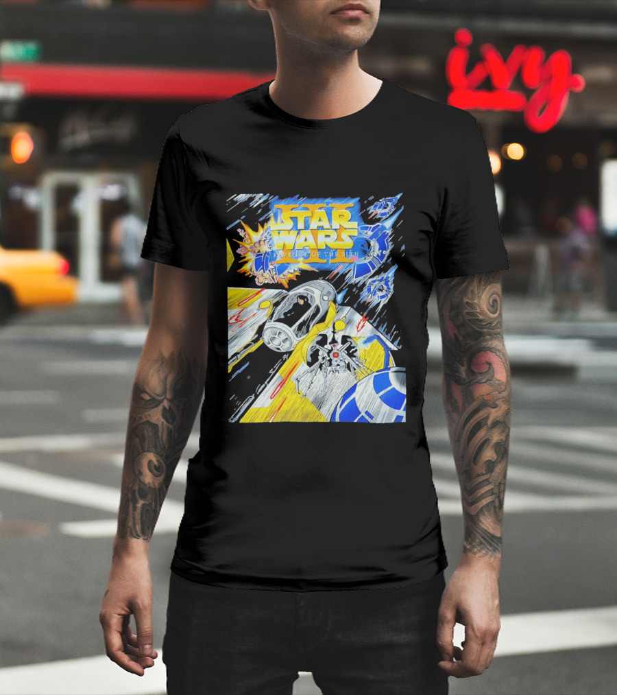 Star Wars Revenge Of The Sith Galactic Battle Artwork Featuring Anakin Skywalker And Iconic Droid Spaceships T-Shirt