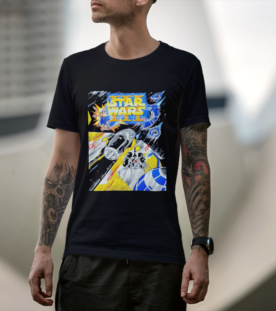 Star Wars Revenge Of The Sith Galactic Battle Artwork Featuring Anakin Skywalker And Iconic Droid Spaceships T-Shirt