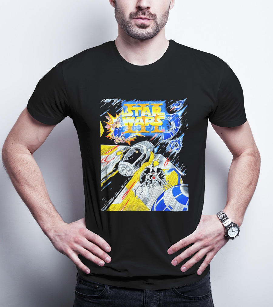 Star Wars Revenge Of The Sith Galactic Battle Artwork Featuring Anakin Skywalker And Iconic Droid Spaceships T-Shirt