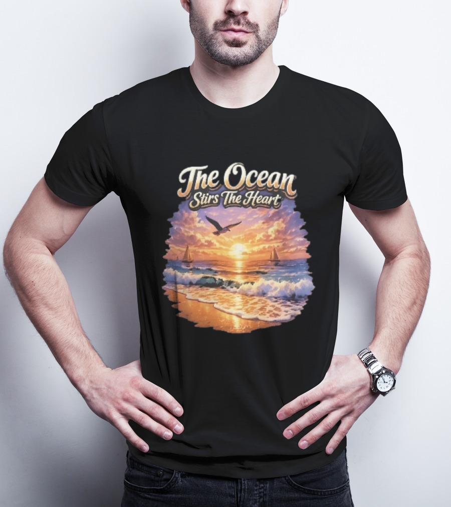 The Ocean Stirs The Heart Seagull Flying Sunset Beach Sailboats Waves T-Shirt