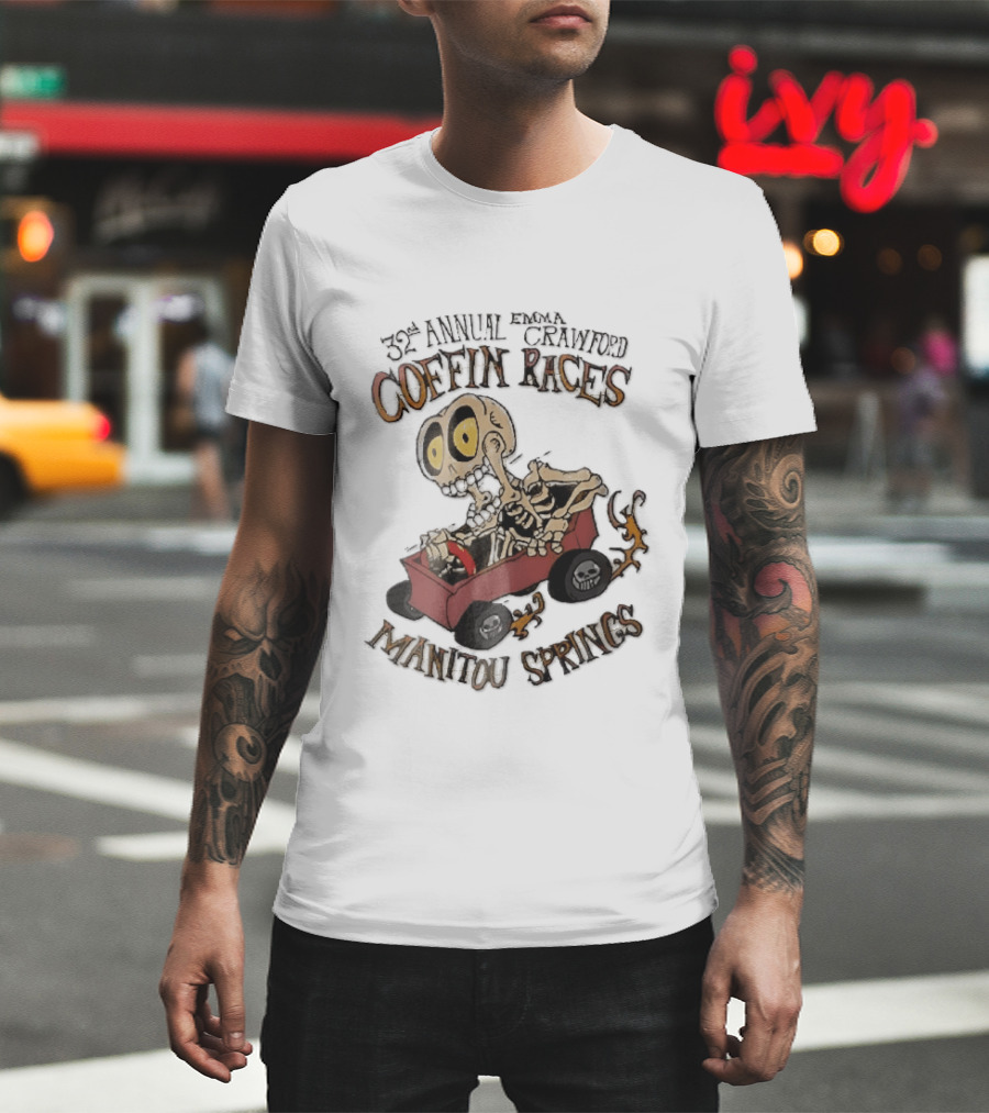 32nd Annual Emma Crawford Coffin Races Manitou Springs Cartoon Skeleton Racing Go Kart Flames T-Shirt