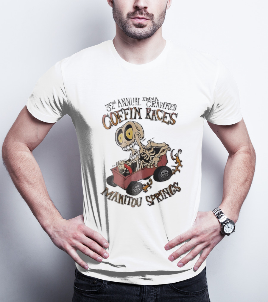 32nd Annual Emma Crawford Coffin Races Manitou Springs Cartoon Skeleton Racing Go Kart Flames T-Shirt