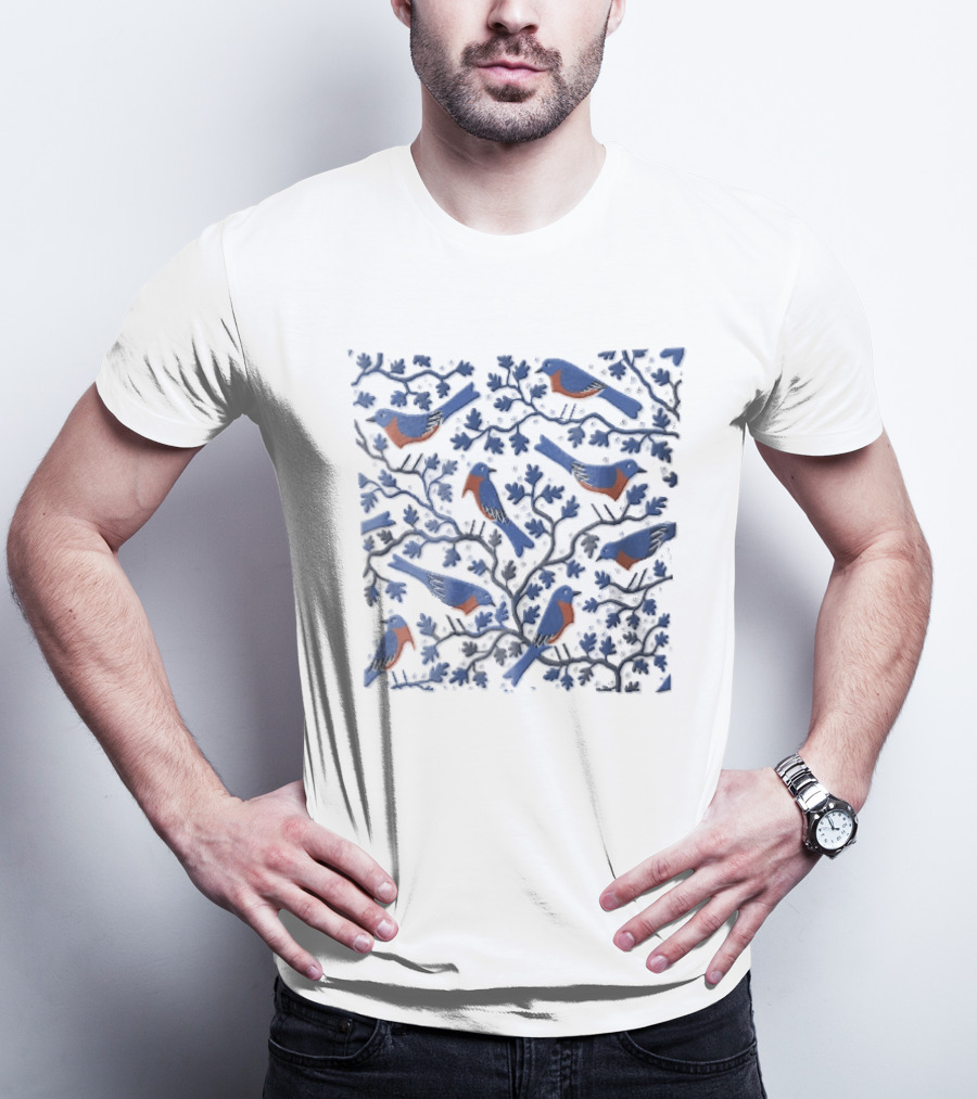 Eastern Bluebirds Perched On Flowering Tree Branches T-Shirt
