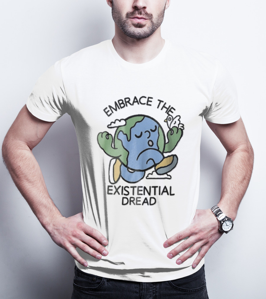 Embrace The Existential Dread Cartoon Running Planet Earth With Bird T-Shirt