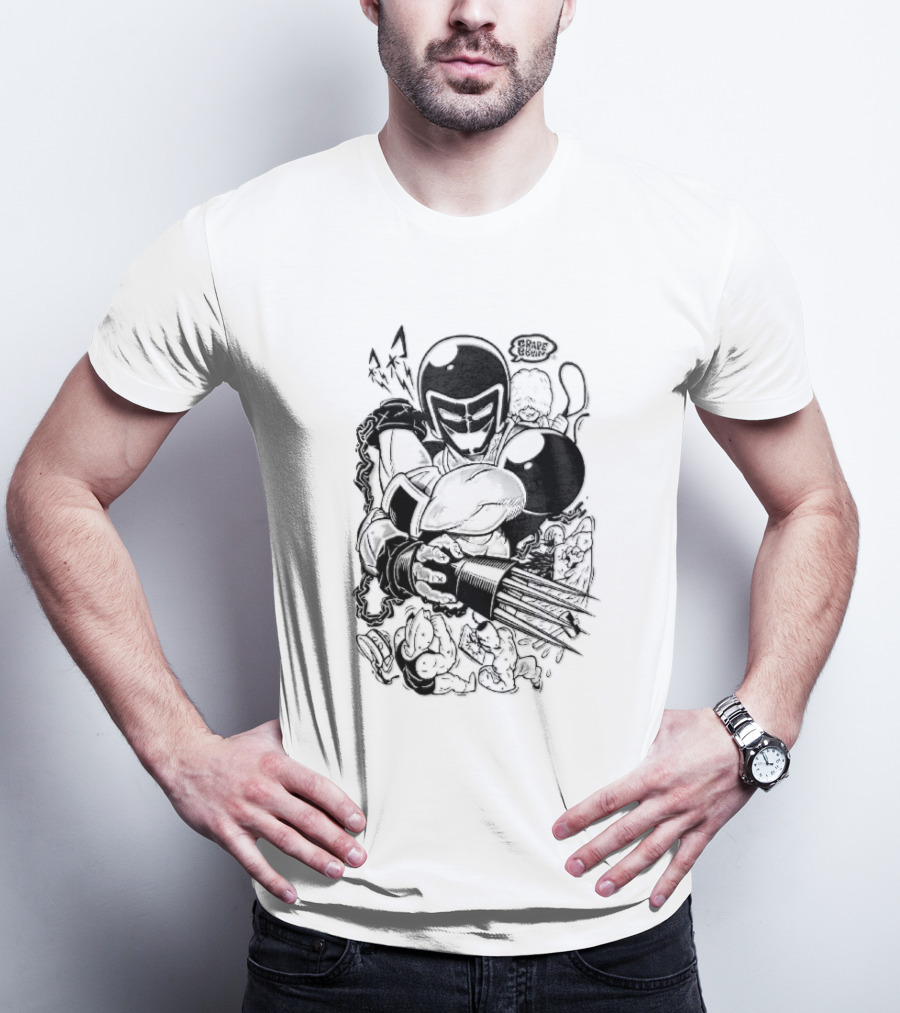 Grape Brain Masked Cyborg Wrestler Spiked Claws Chains Cartoon Line Drawing T-Shirt