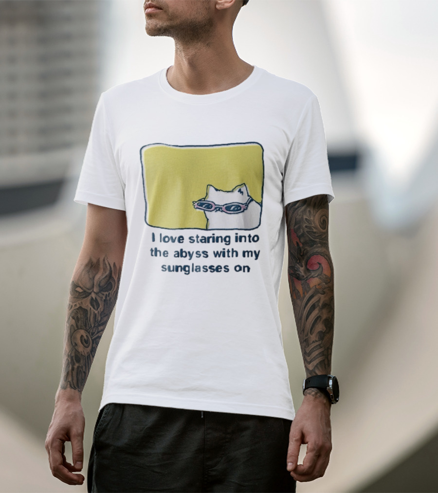 I Love Staring Into The Abyss With My Sunglasses On White Cat Pink Glasses Popcornpunk Cartoon T-Shirt