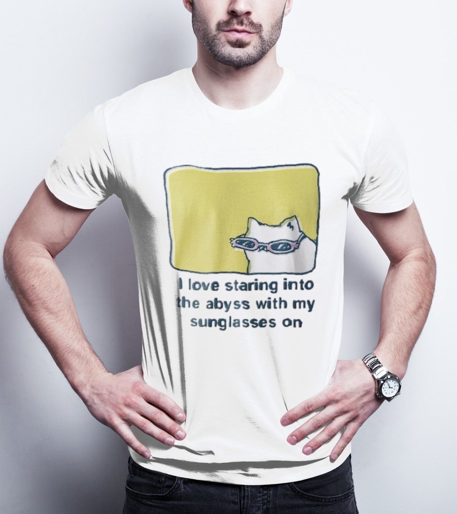 I Love Staring Into The Abyss With My Sunglasses On White Cat Pink Glasses Popcornpunk Cartoon T-Shirt