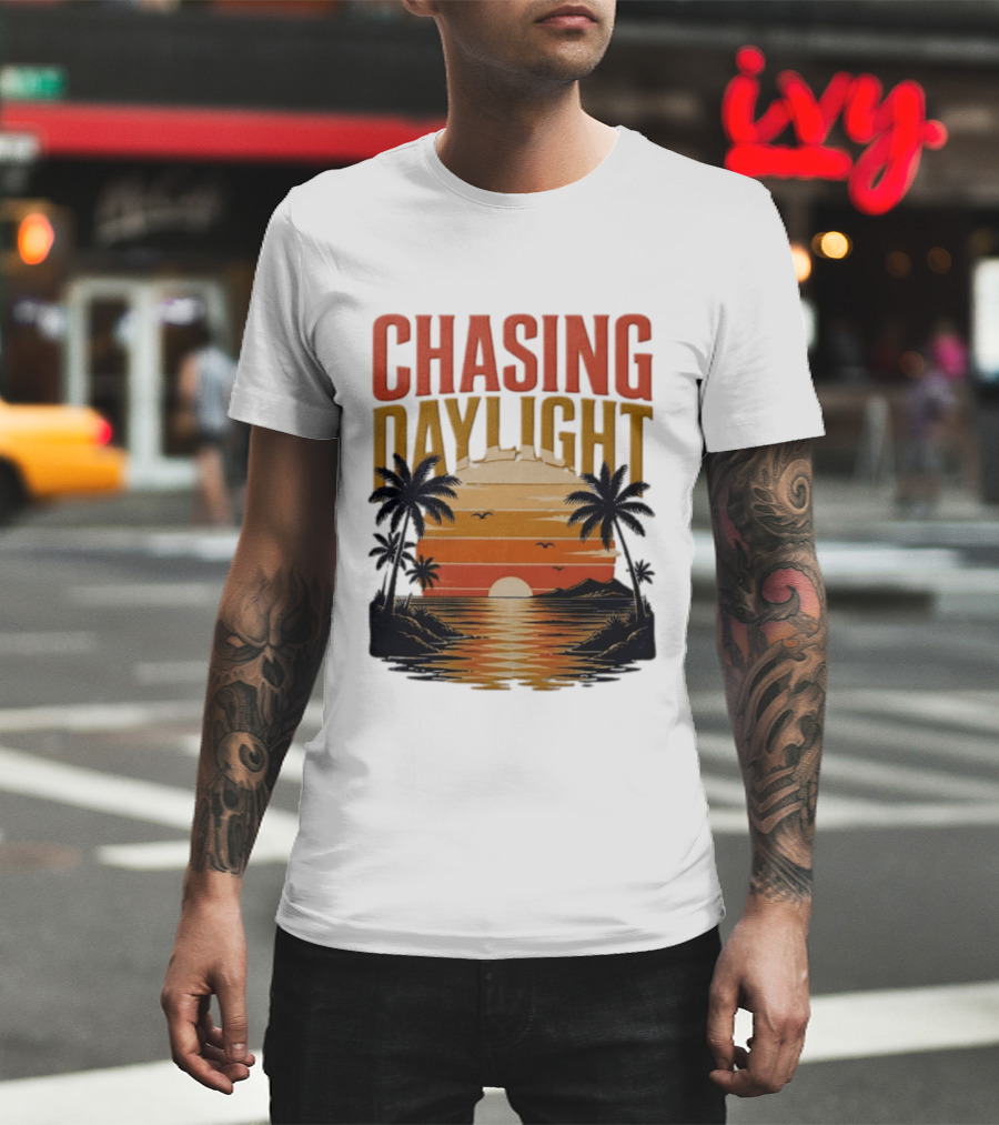 Chasing Daylight Tropical Beach Sunset Scene With Palms And Ocean Waves T-Shirt