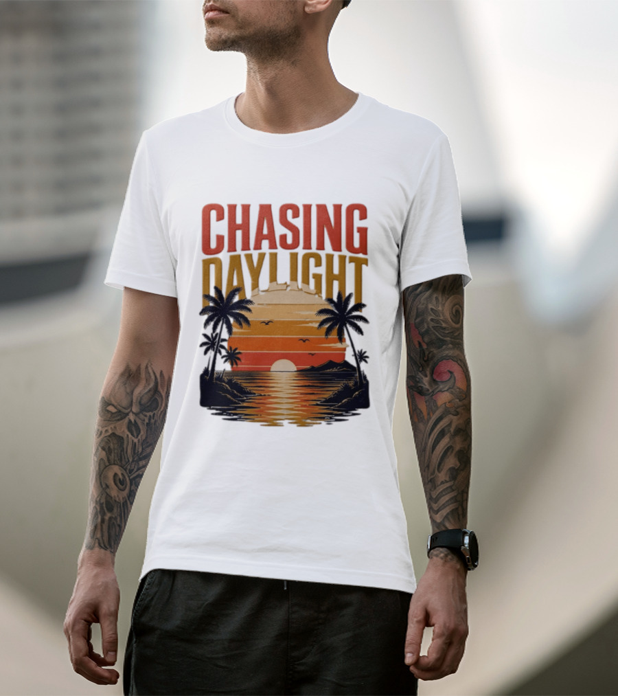 Chasing Daylight Tropical Beach Sunset Scene With Palms And Ocean Waves T-Shirt