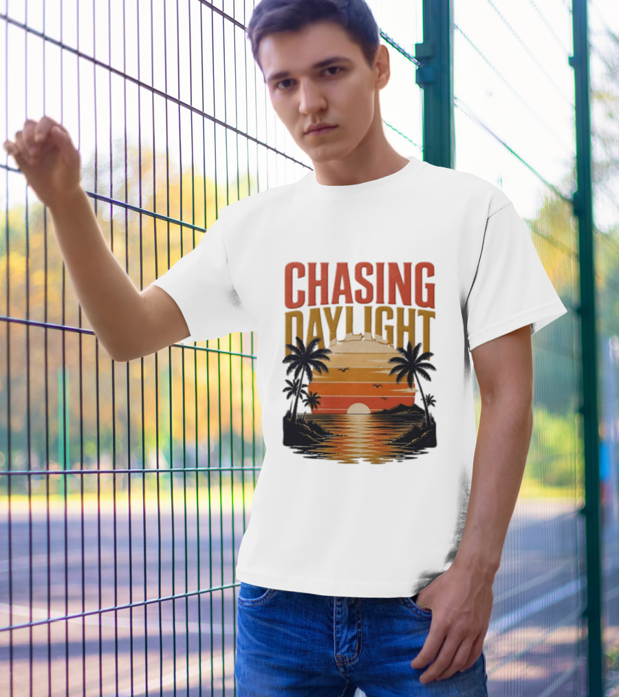 Chasing Daylight Tropical Beach Sunset Scene With Palms And Ocean Waves T-Shirt