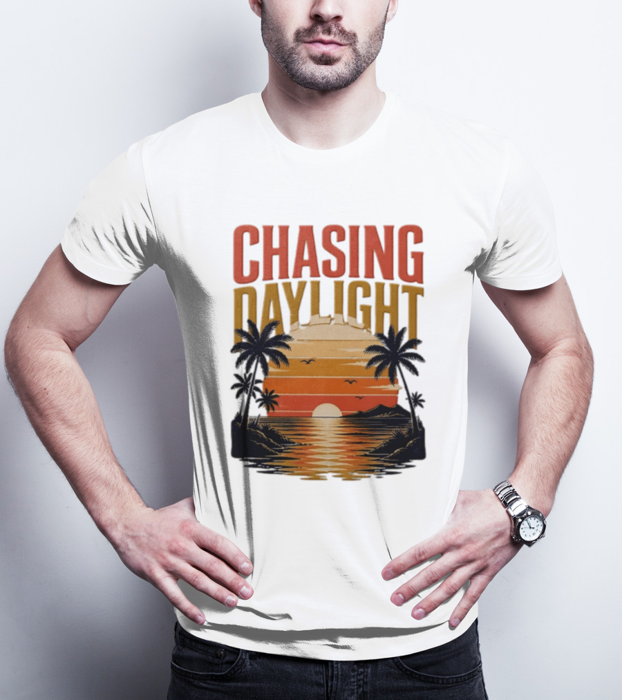 Chasing Daylight Tropical Beach Sunset Scene With Palms And Ocean Waves T-Shirt