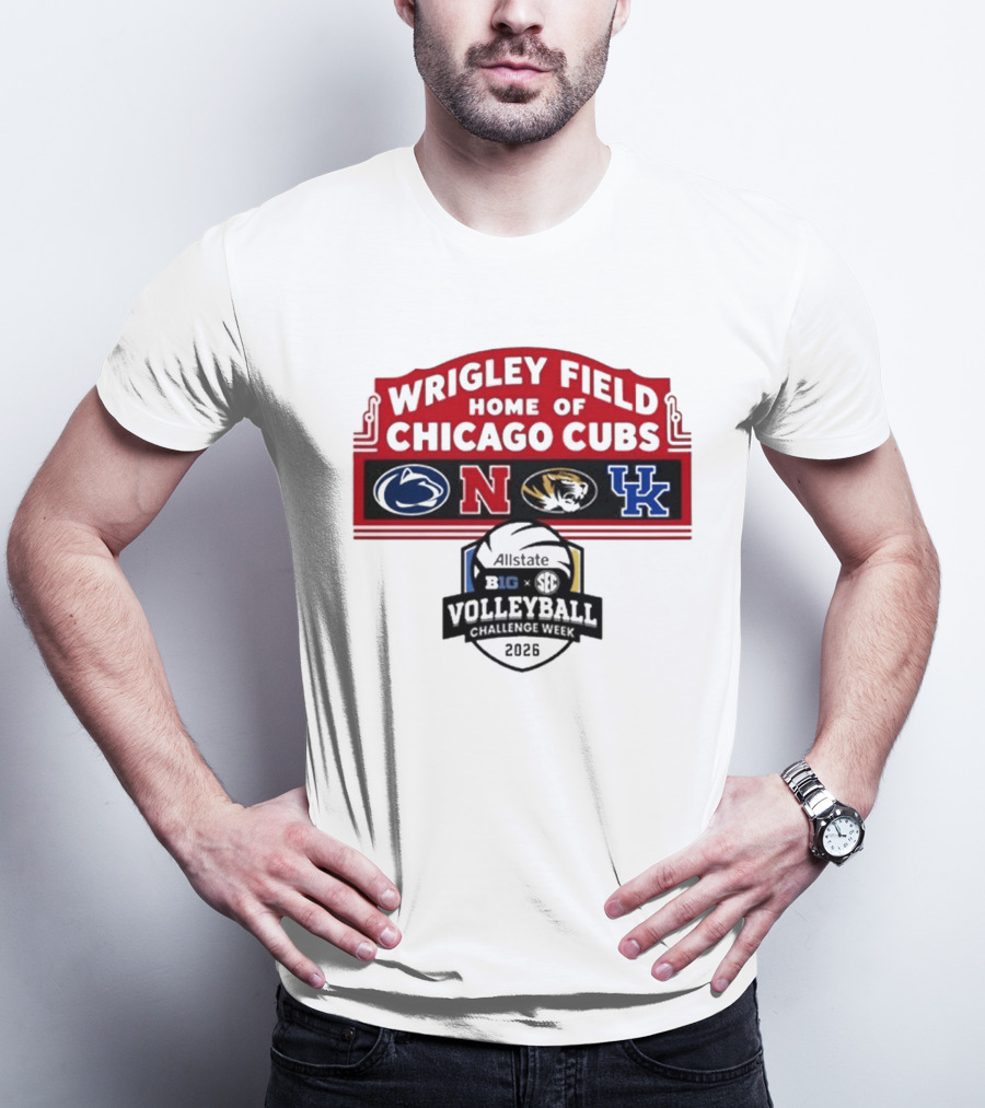 Wrigley Field Chicago Cubs Allstate 2026 Volleyball Challenge Week Penn State Nebraska Missouri Kentucky Logos T-Shirt