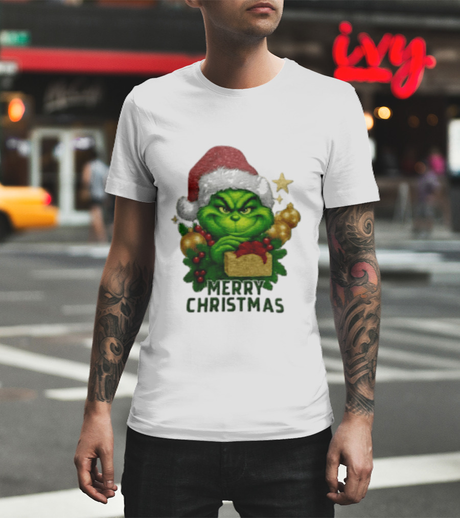 Merry Christmas Grinch Santa Claus Hat Gold Present Pine Branches T-Shirt