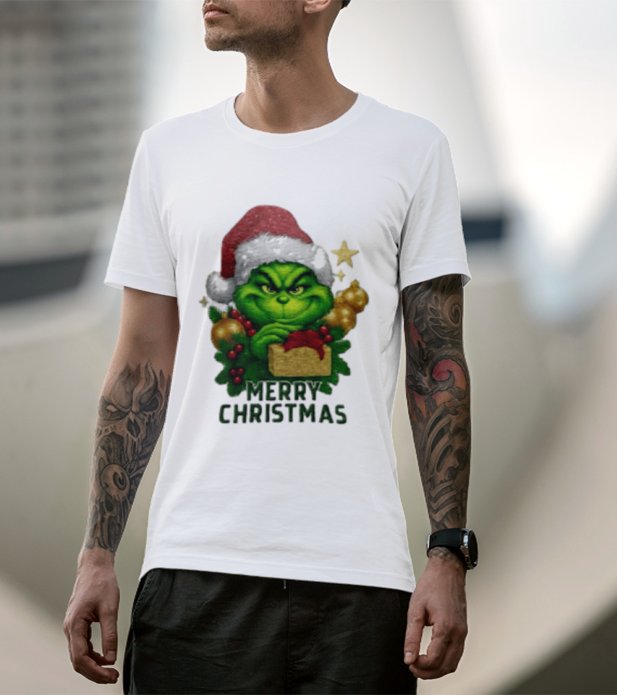 Merry Christmas Grinch Santa Claus Hat Gold Present Pine Branches T-Shirt