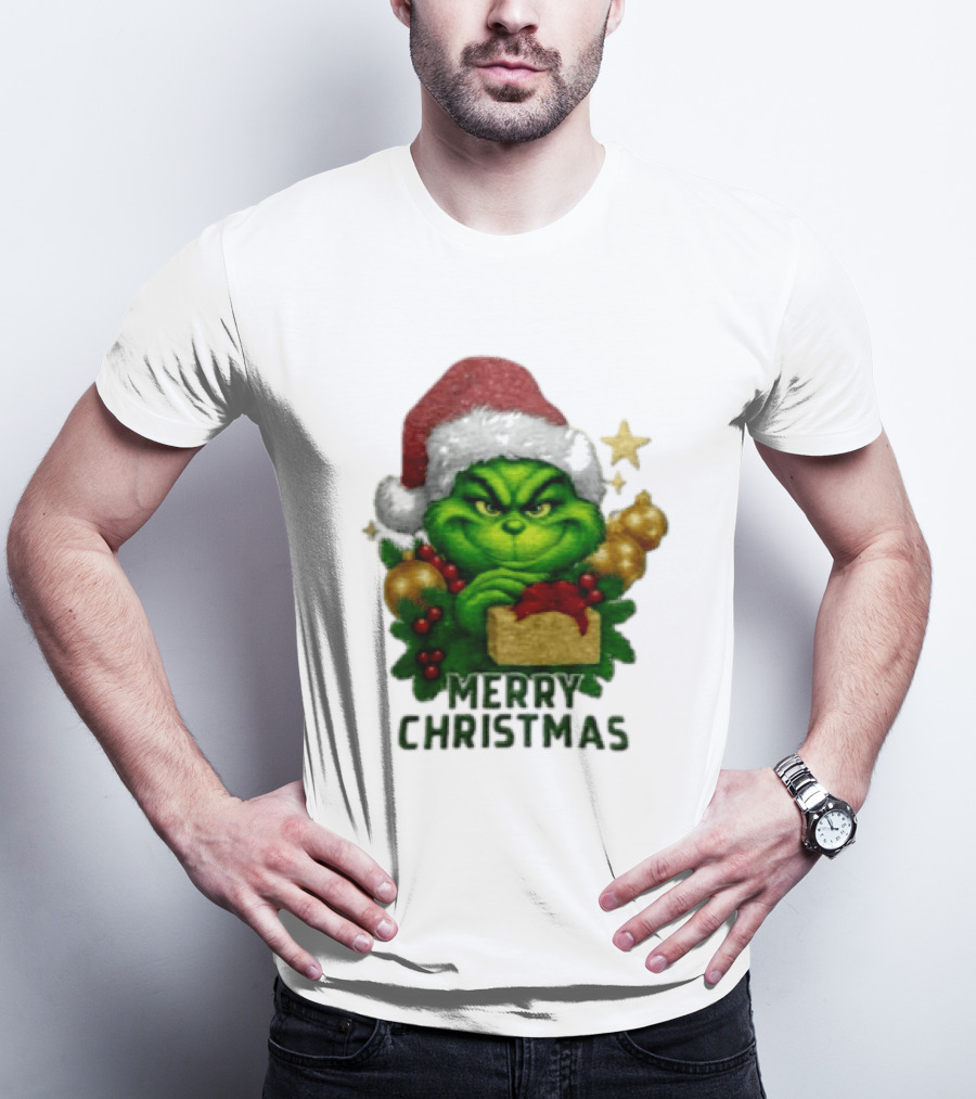 Merry Christmas Grinch Santa Claus Hat Gold Present Pine Branches T-Shirt