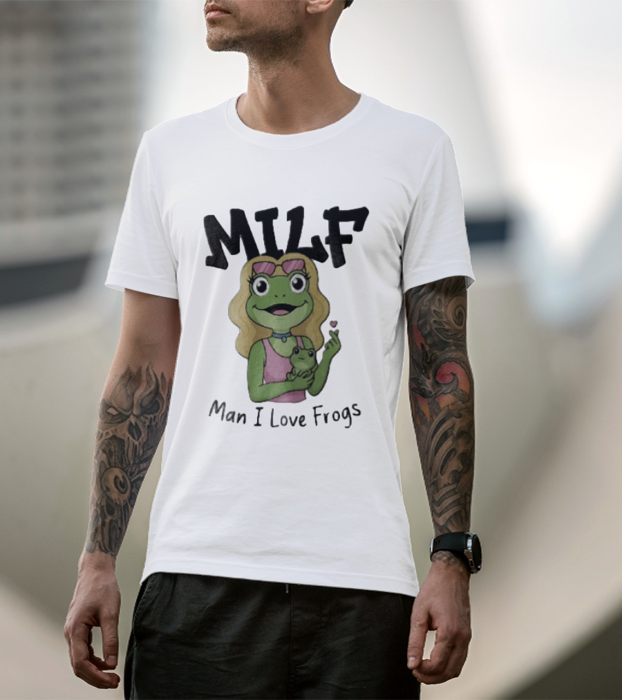 MILF Man I Love Frogs Cartoon Blonde Female Frog Holding Baby Frog T-Shirt