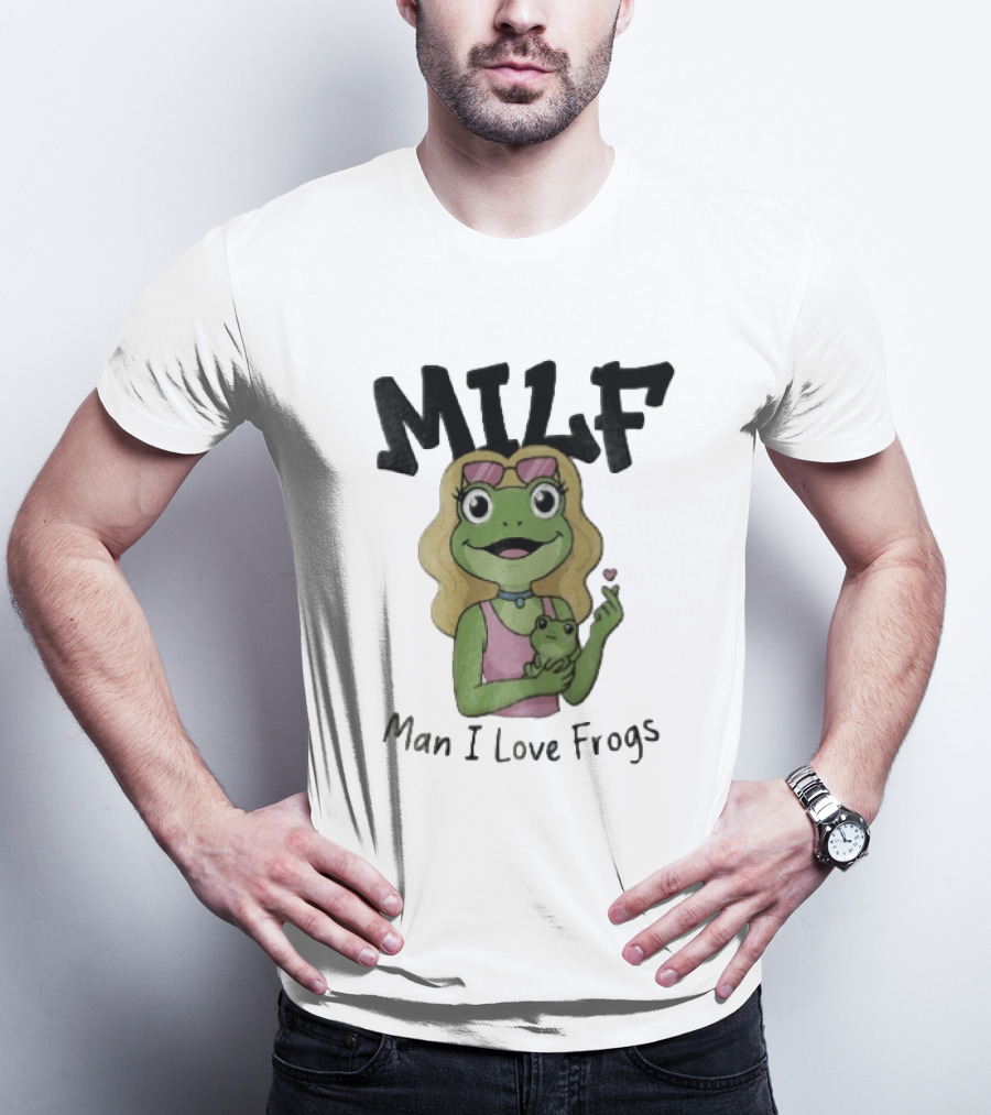 MILF Man I Love Frogs Cartoon Blonde Female Frog Holding Baby Frog T-Shirt