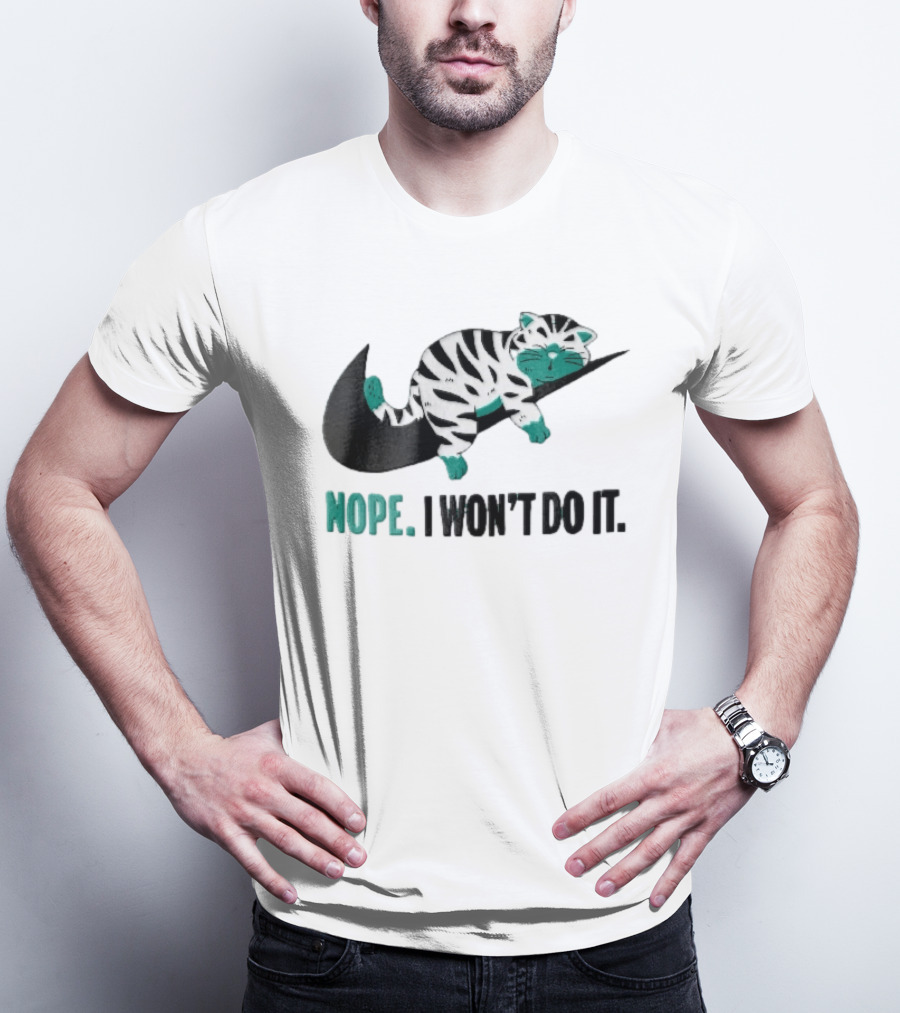 Nope I Won't Do It Cartoon Lazy Striped Cat Sleeping On Swoosh T-Shirt