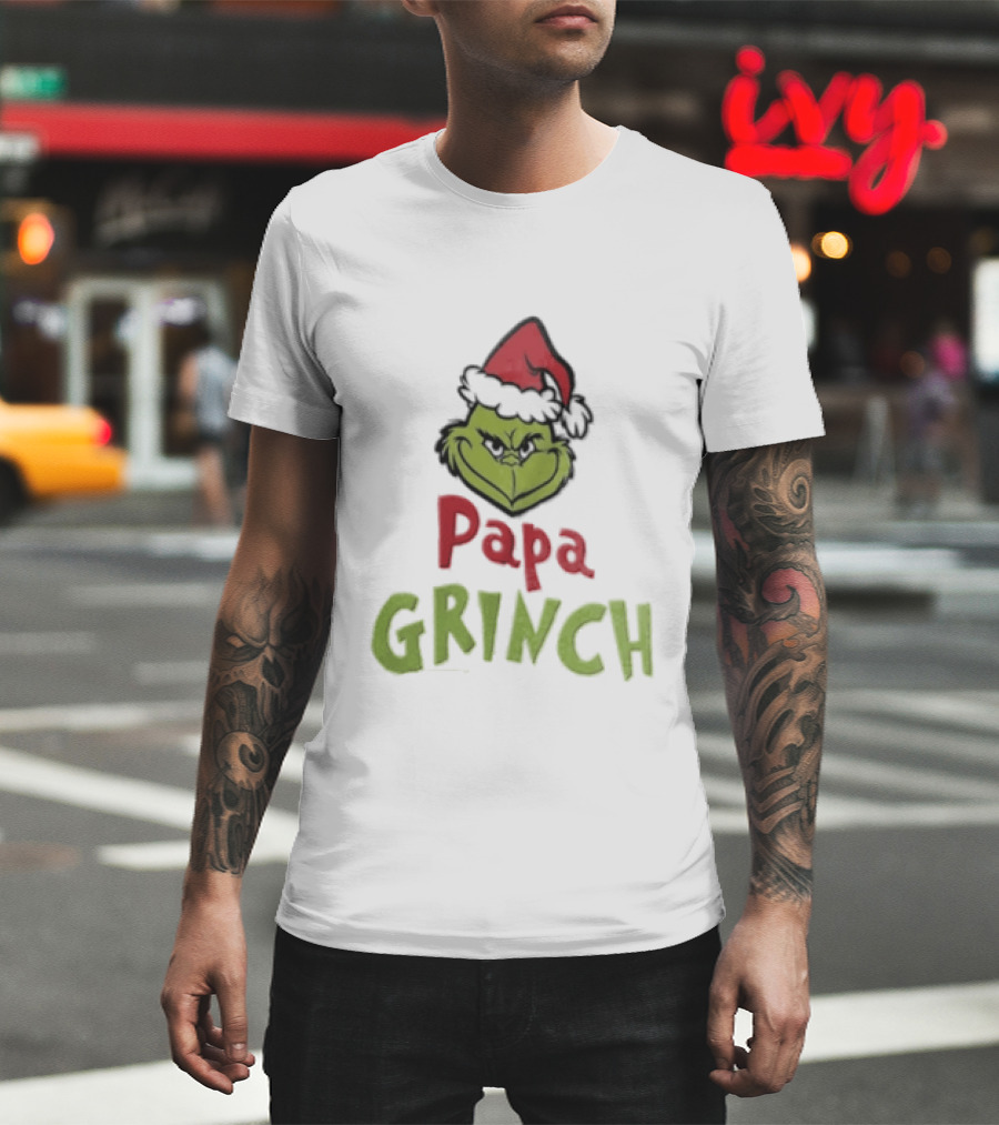 Papa Grinch Santa Claus Hat Green Face Cartoon T-Shirt