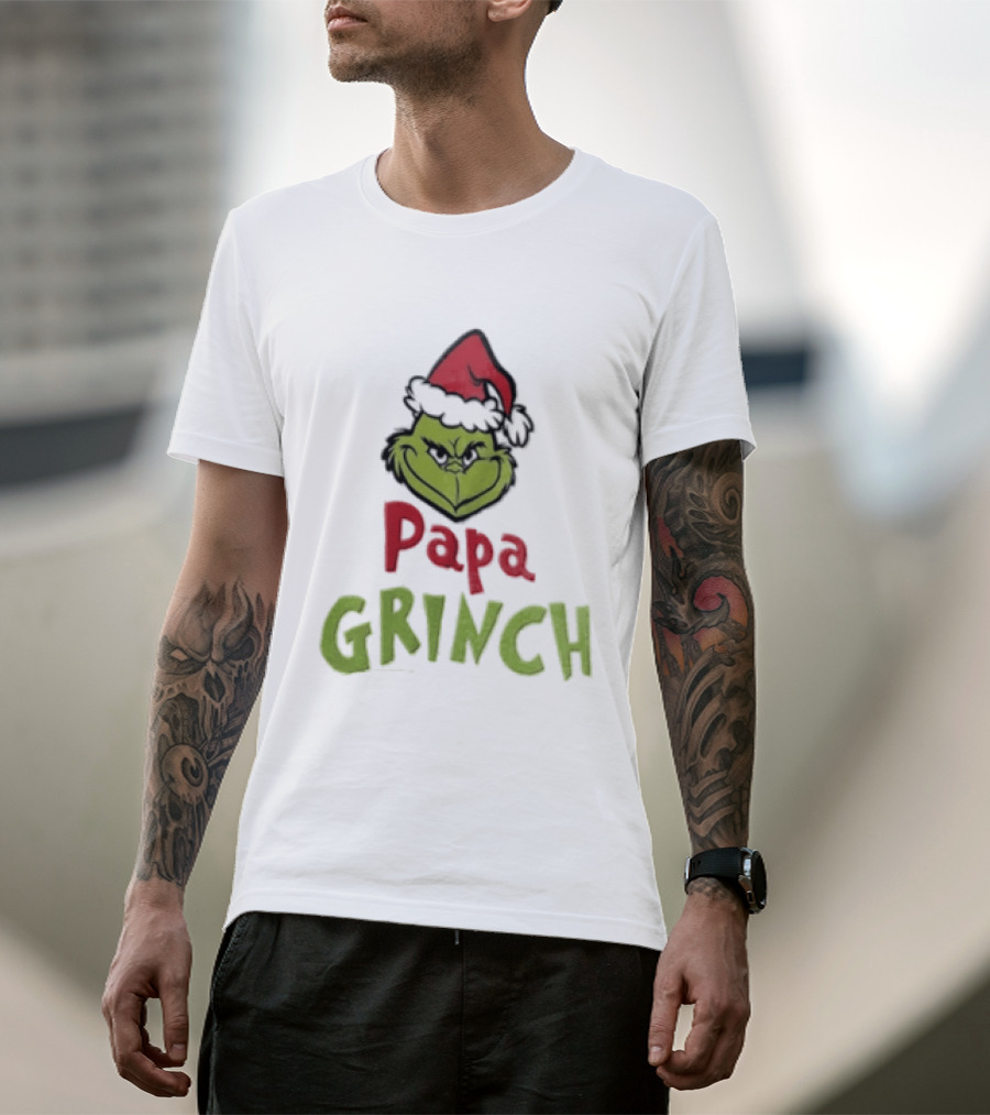Papa Grinch Santa Claus Hat Green Face Cartoon T-Shirt