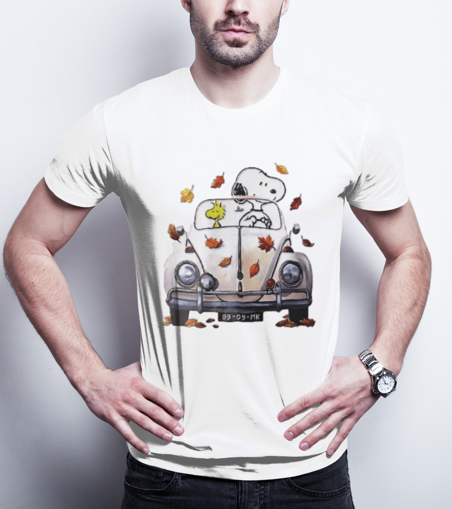 Peanuts Snoopy Woodstock Driving Car Autumn Leaves Watercolor Cartoon 09 Mk T-Shirt