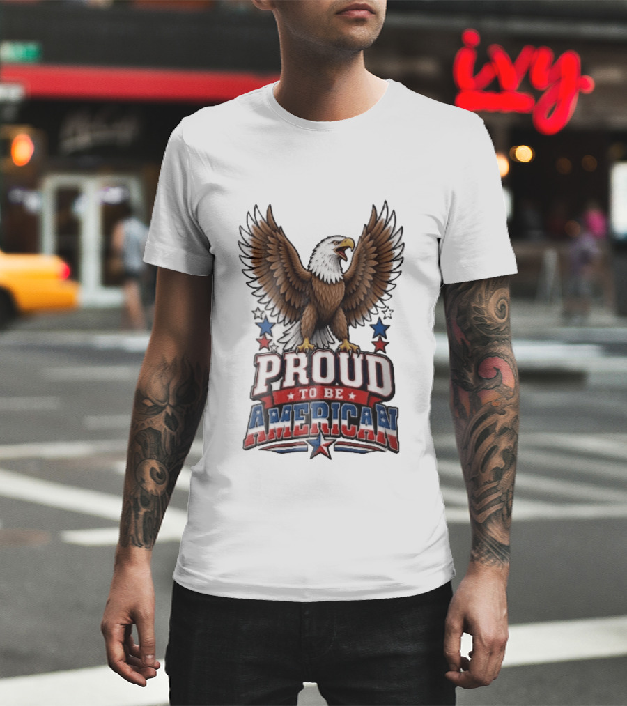 Proud To Be American Bald Eagle Wings Spread Red Blue Stars Patriotic T-Shirt