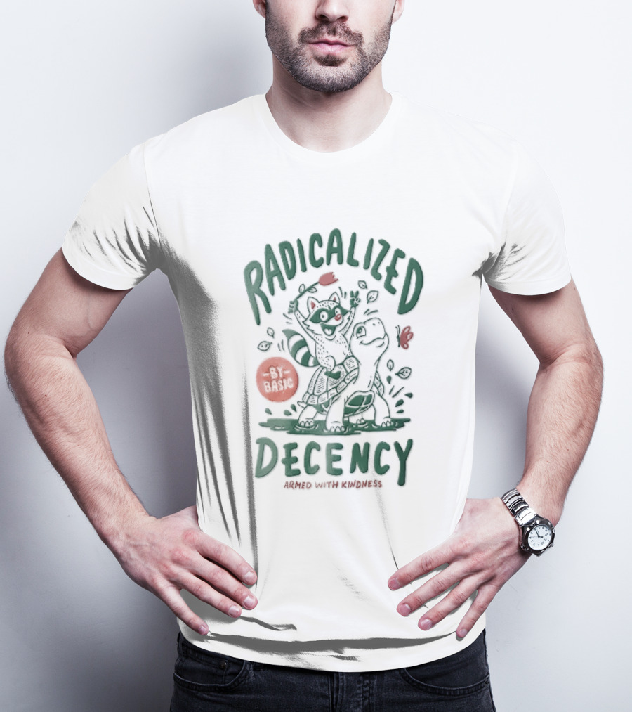 Radicalized By Basic Decency Armed With Kindness Cartoon Raccoon Turtle Flower T-Shirt