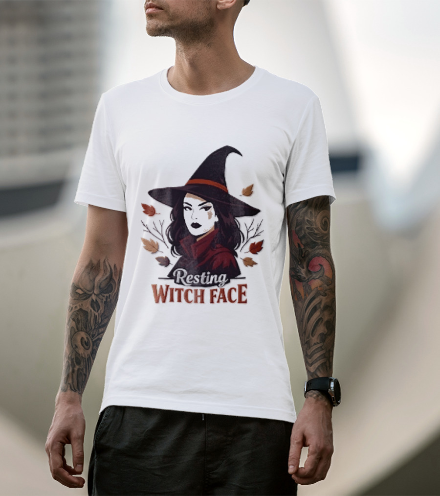 Resting Witch Face Dark Hair Woman Pointy Hat Autumn Leaves Halloween T-Shirt