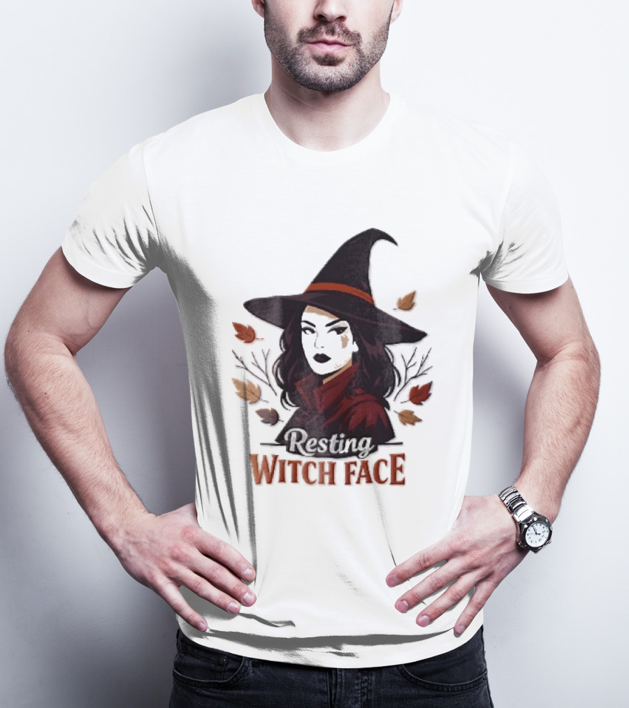 Resting Witch Face Dark Hair Woman Pointy Hat Autumn Leaves Halloween T-Shirt