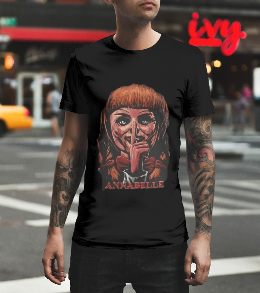 Annabelle Horror Doll Shushing Finger Red Bow Tie Eerie Doll Face T-Shirt