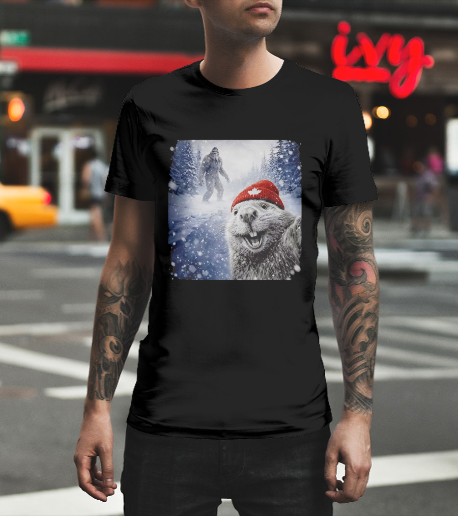 Beaver Selfie With Sasquatch In Snowy Canadian Forest T-Shirt