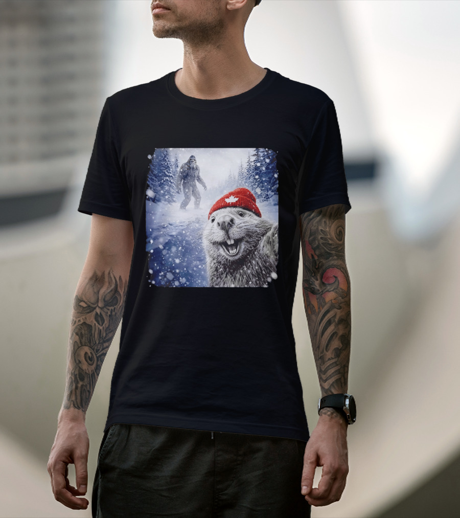 Beaver Selfie With Sasquatch In Snowy Canadian Forest T-Shirt