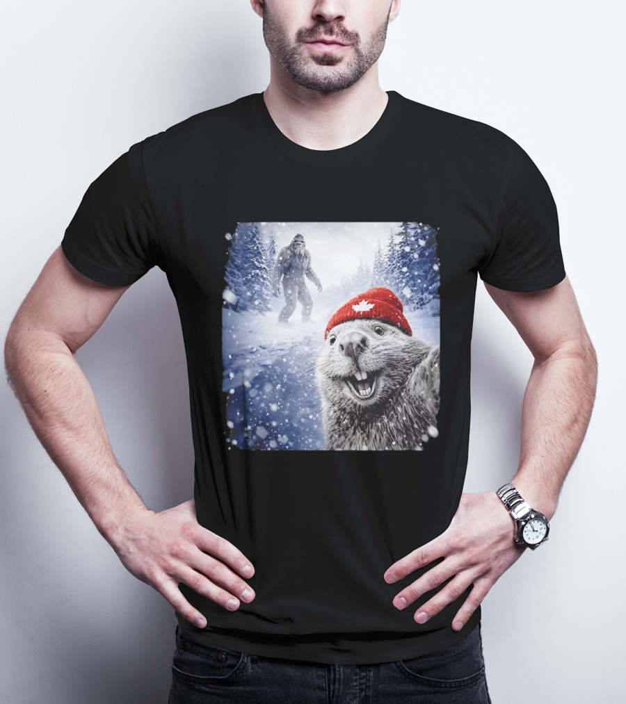 Beaver Selfie With Sasquatch In Snowy Canadian Forest T-Shirt