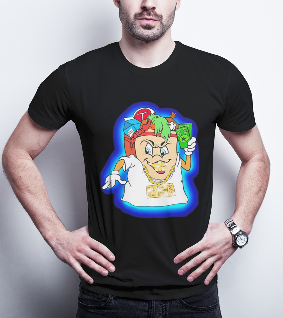 H E Buddy Bud Bucks Character Holding Bud Buck Bills And Wearing Gold Chain With Bling H E B T-Shirt