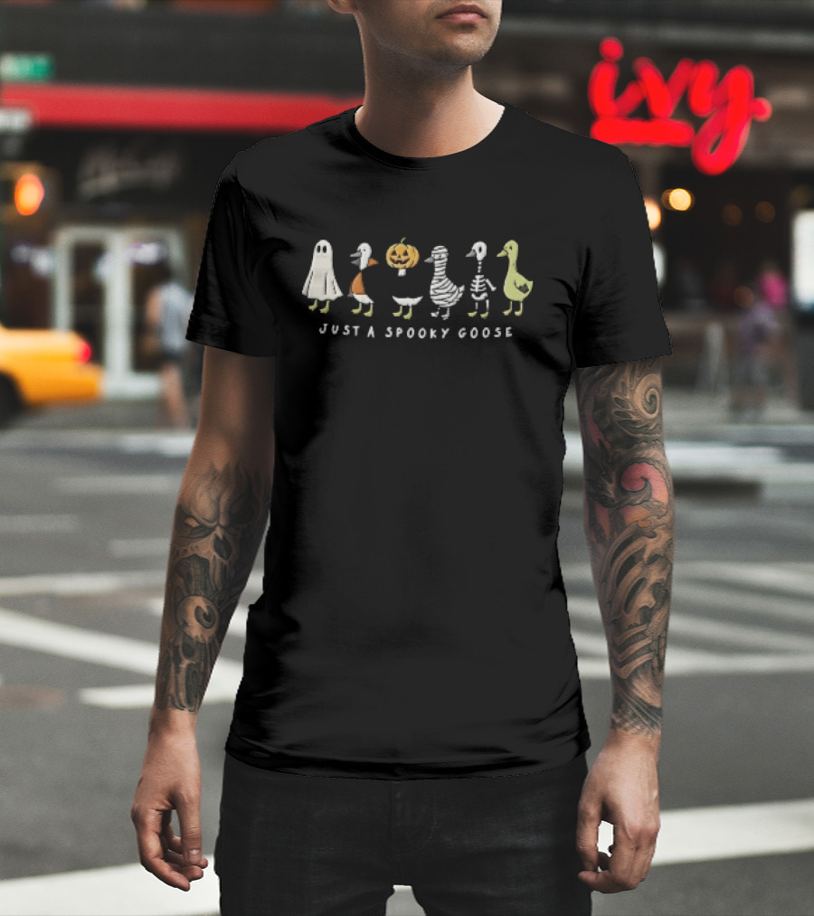 Just A Spooky Goose Cartoon Birds Wearing Costumes Halloween Lineup T-Shirt