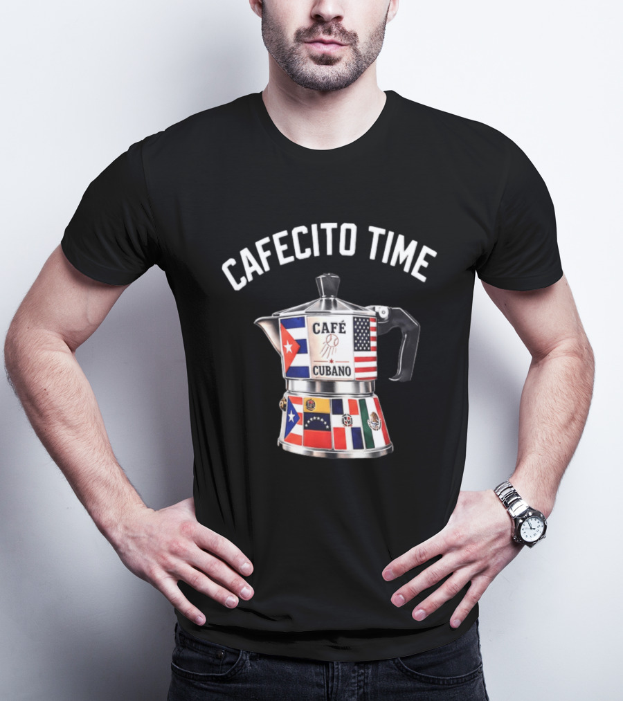 Cafecito Time Café Cubano Kike Hernandez Cuban Coffee Flag Motif T-Shirt