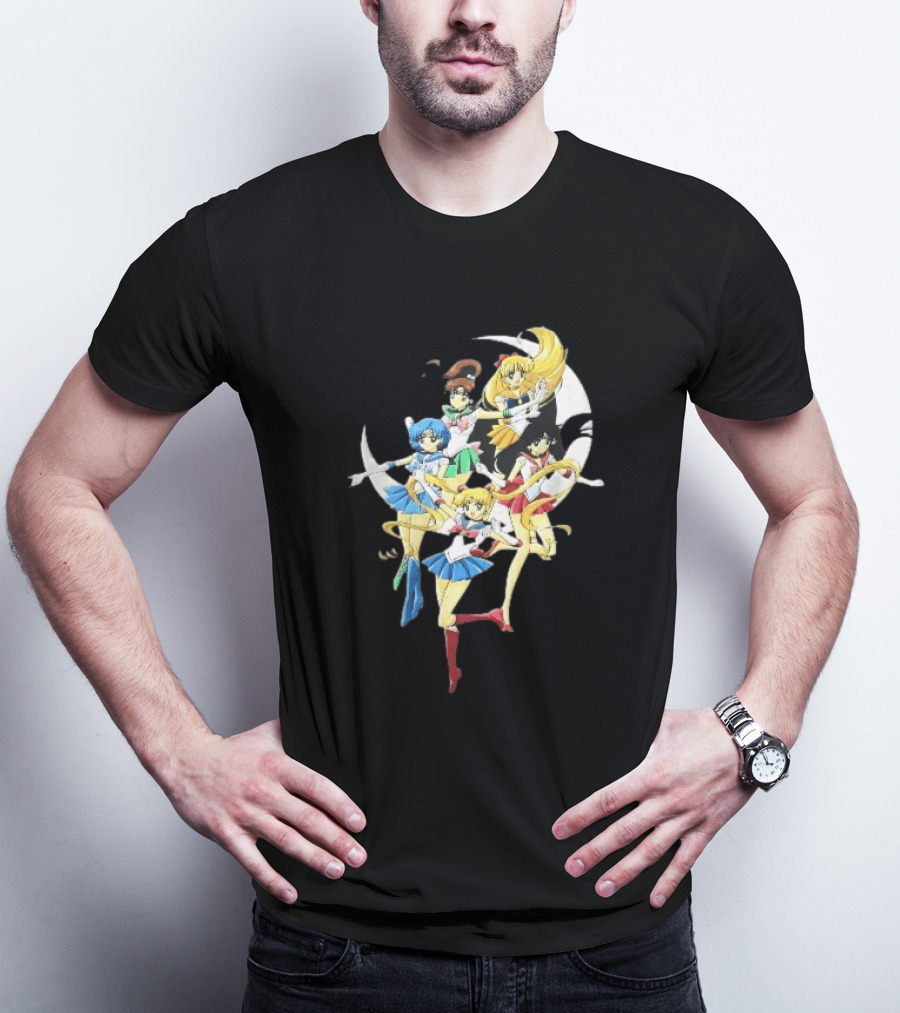 Sailor Moon Crescent Five Guardians Distressed Cartoon T-Shirt