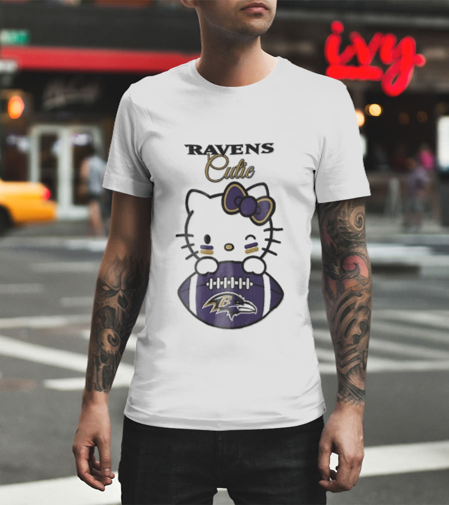 Ravens Cutie Hello Kitty Winking Holding Football T-Shirt