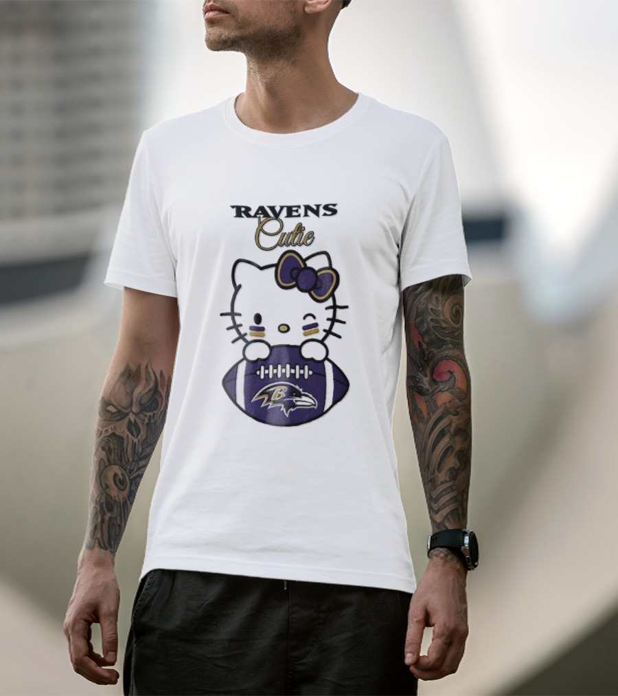 Ravens Cutie Hello Kitty Winking Holding Football T-Shirt